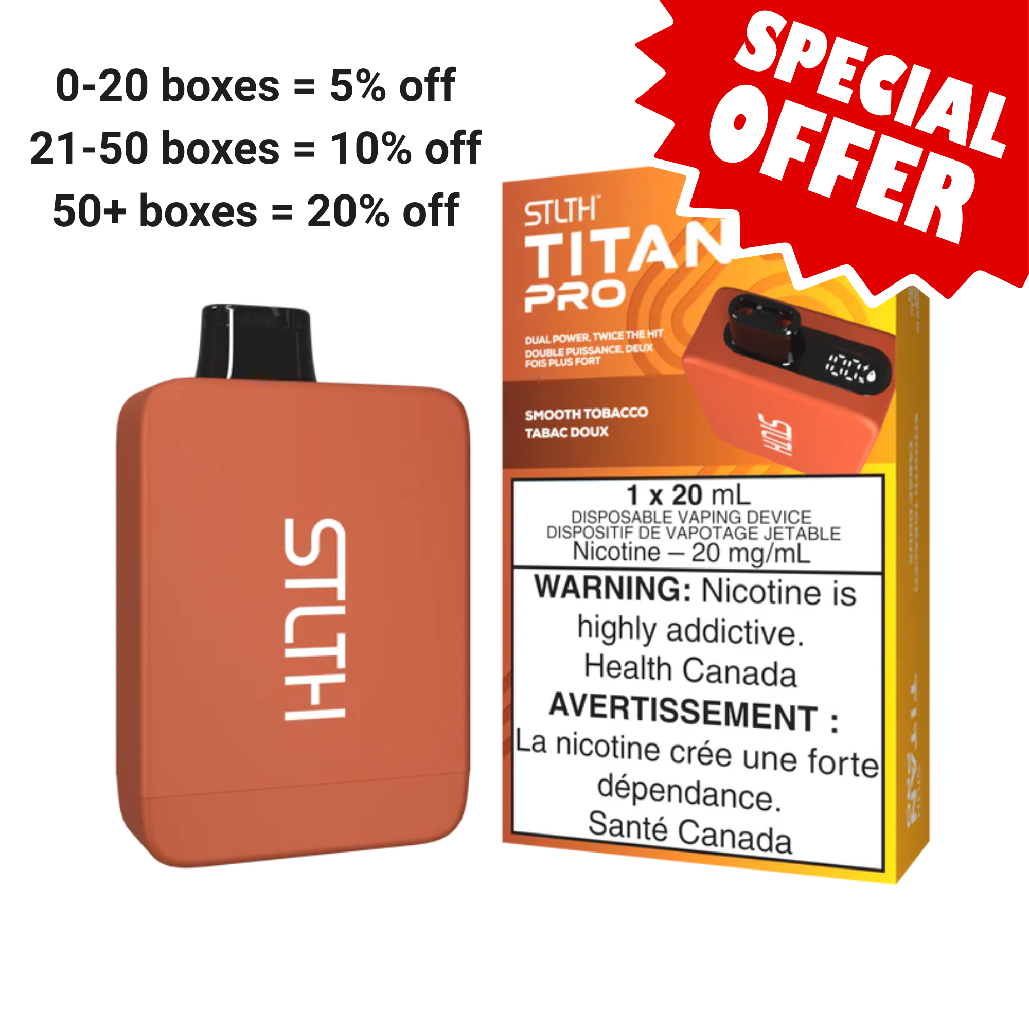 STLTH TITAN PRO Disposable - Smooth Tobacco [ON] – DISTRIBUTION BULLET INC.